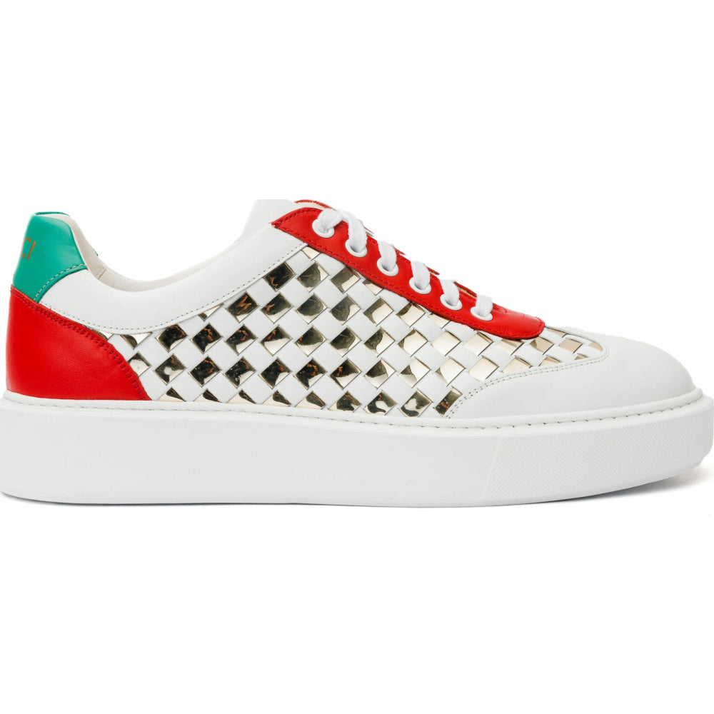 Vinci Leather The Messina White / Red Woven Leather Sneaker For Men (8022) | MensDesignerShoe.com