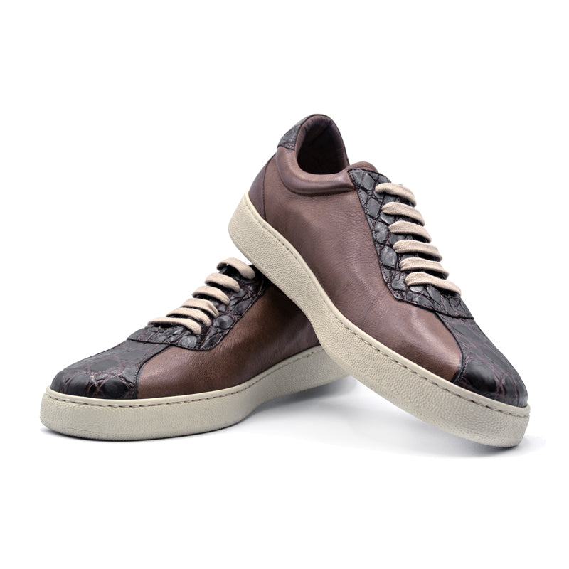 Zelli Calfskin & Crocodile Sneakers Tobacco | MensDesignerShoe.com