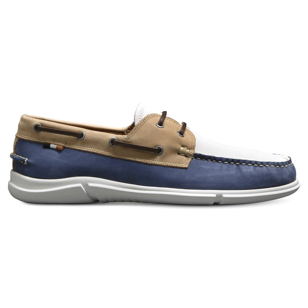 Allen Edmonds Miles Suede Boat Shoes Tan/Navy (6365) | MensDesignerShoe.com