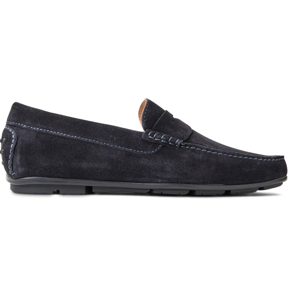 Aquatalia Enzo Suede Penny Driving Shoes Navy | MensDesignerShoe.com
