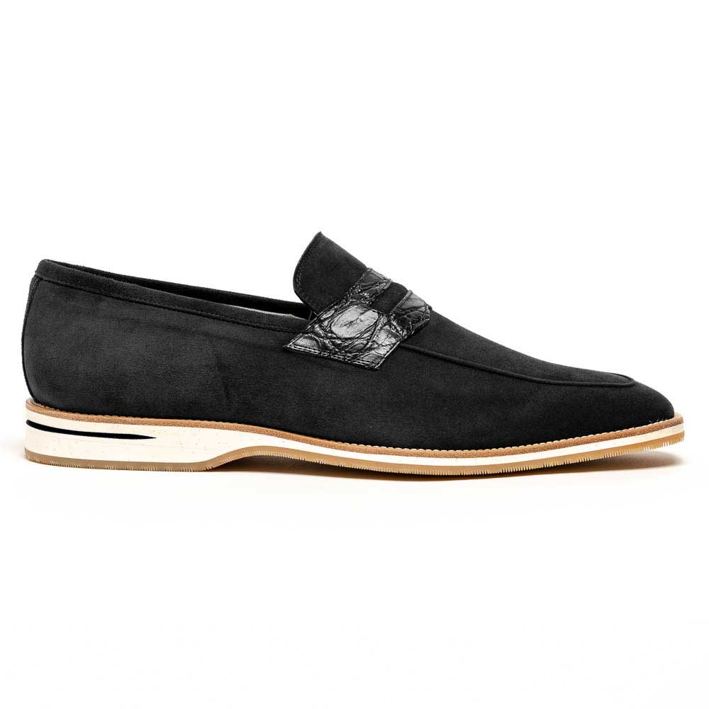 Zelli Meo 3 Suede Goatskin / Crocodile Loafers Black | MensDesignerShoe.com