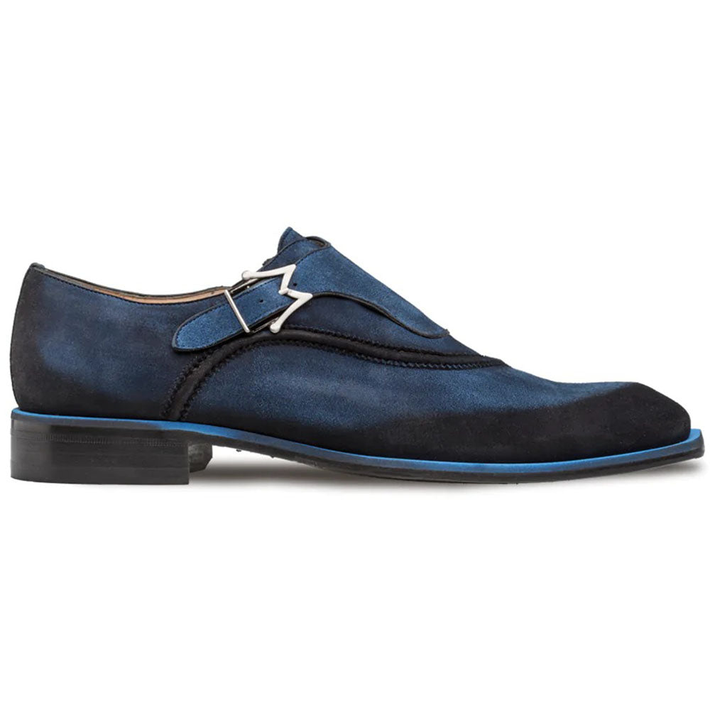 Mezlan Suede Asymmetrical Monkstrap Shoes Blue | MensDesignerShoe.com