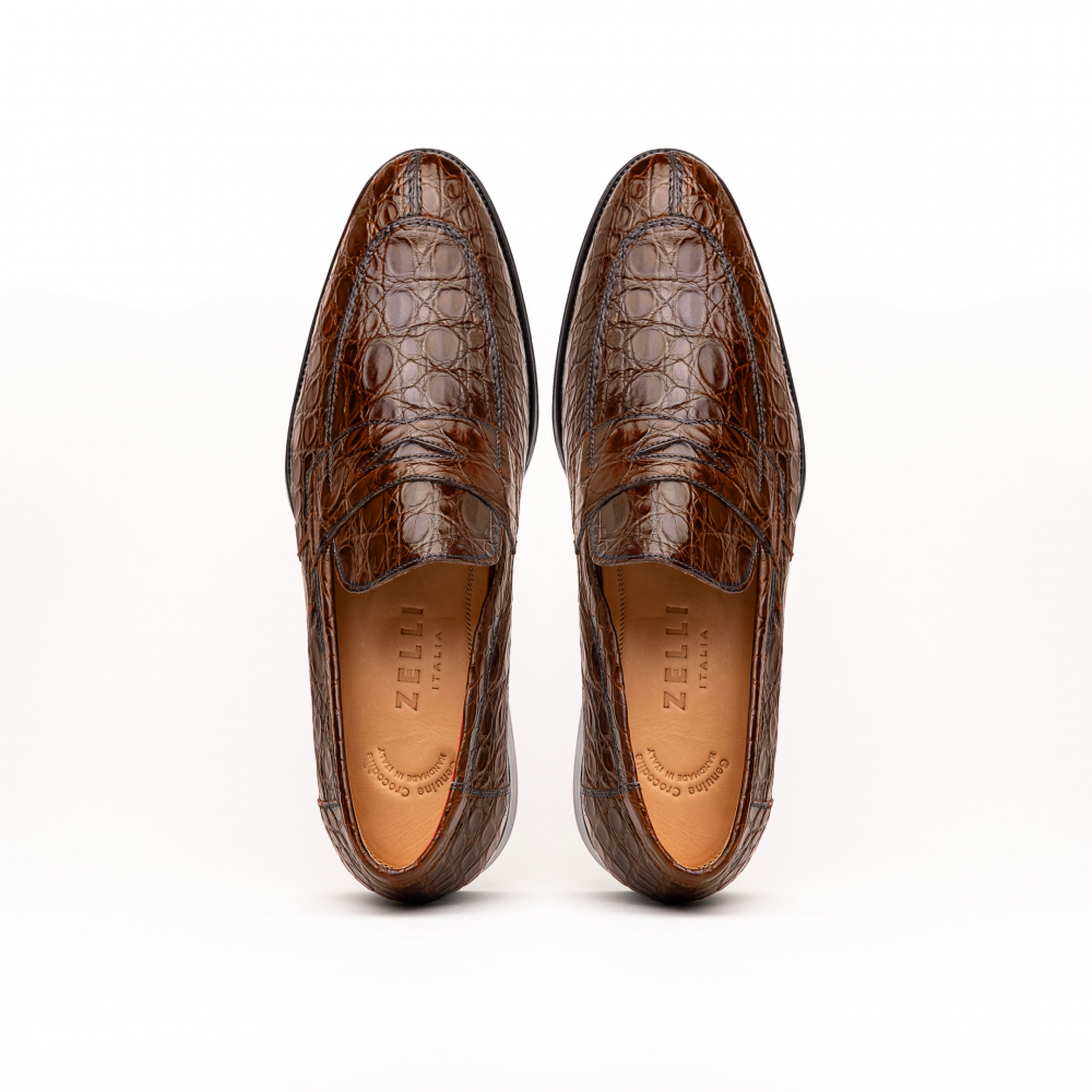 Zelli Roma Caiman Crocodile Penny Loafers Cognac | MensDesignerShoe.com