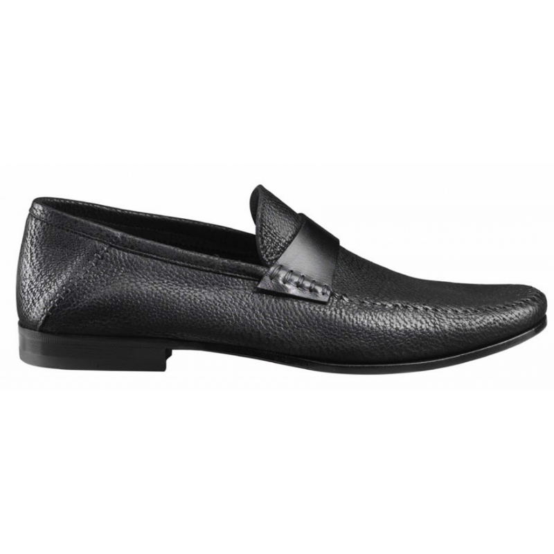 Santoni Paine AN1 Deerskin Strap Loafers Black | MensDesignerShoe.com