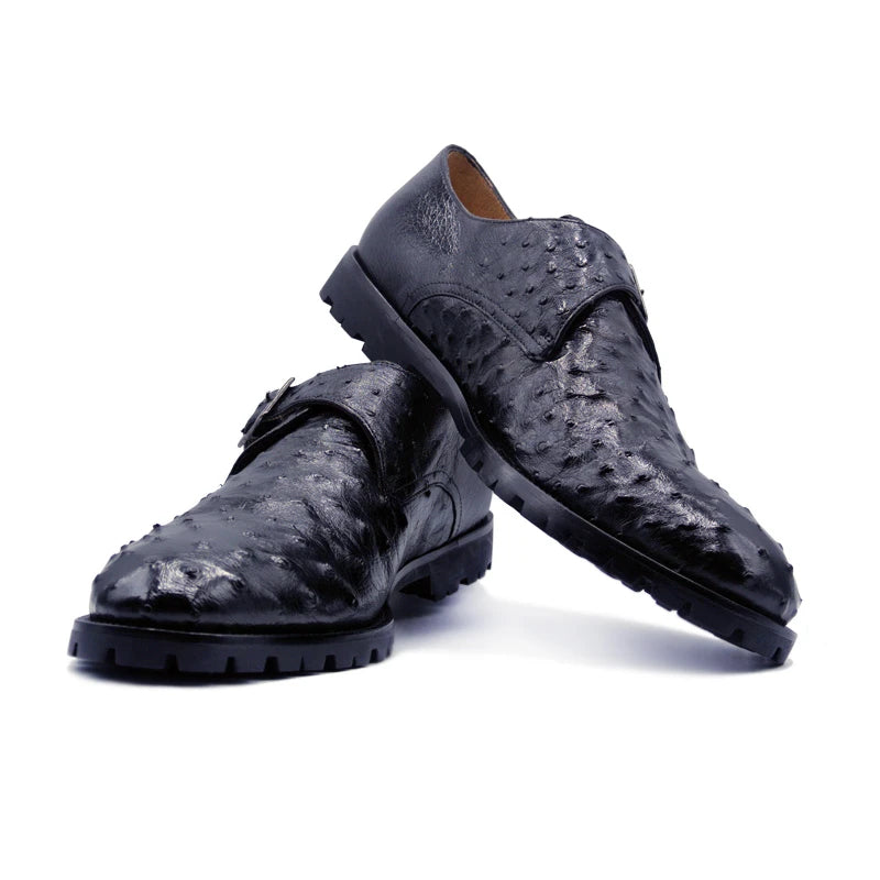 Zelli Ostrich Quill Monk Strap Shoes Black | MensDesignerShoe.com